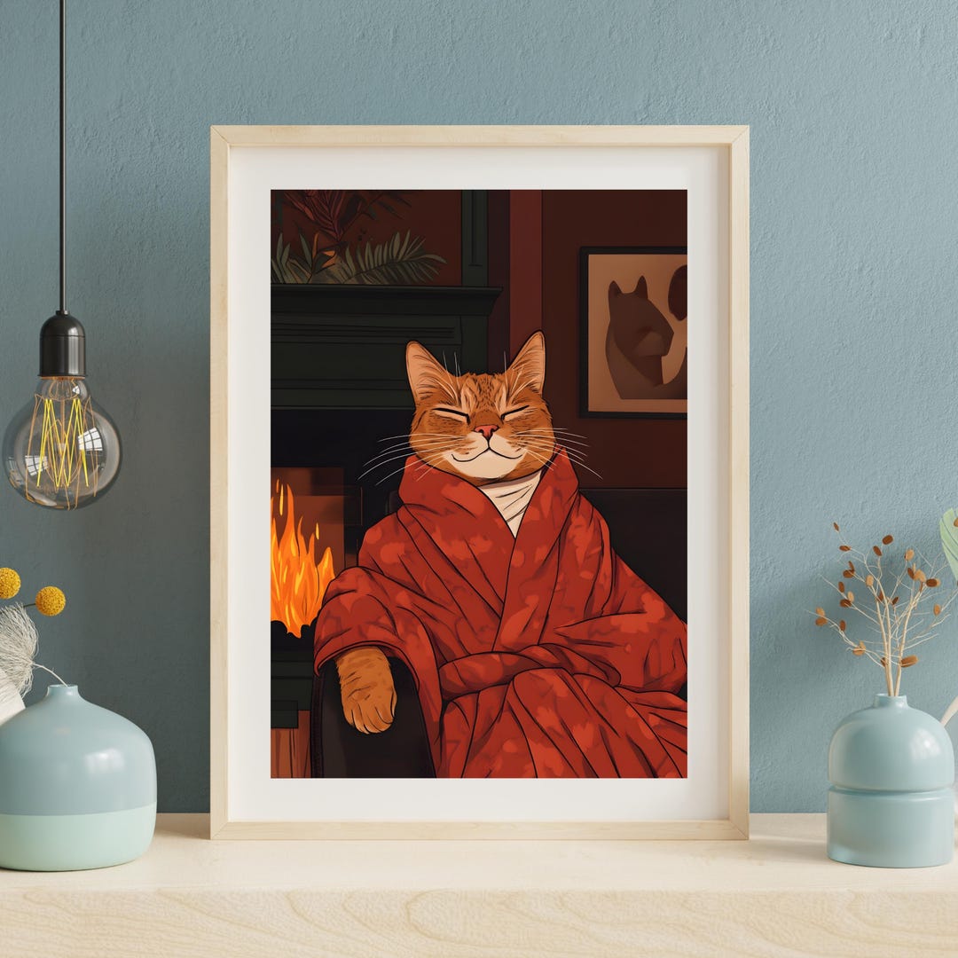 Cozy Cat by the Fireplace | Relaxing Cat Wall Art | Warm and Cozy Cat ...