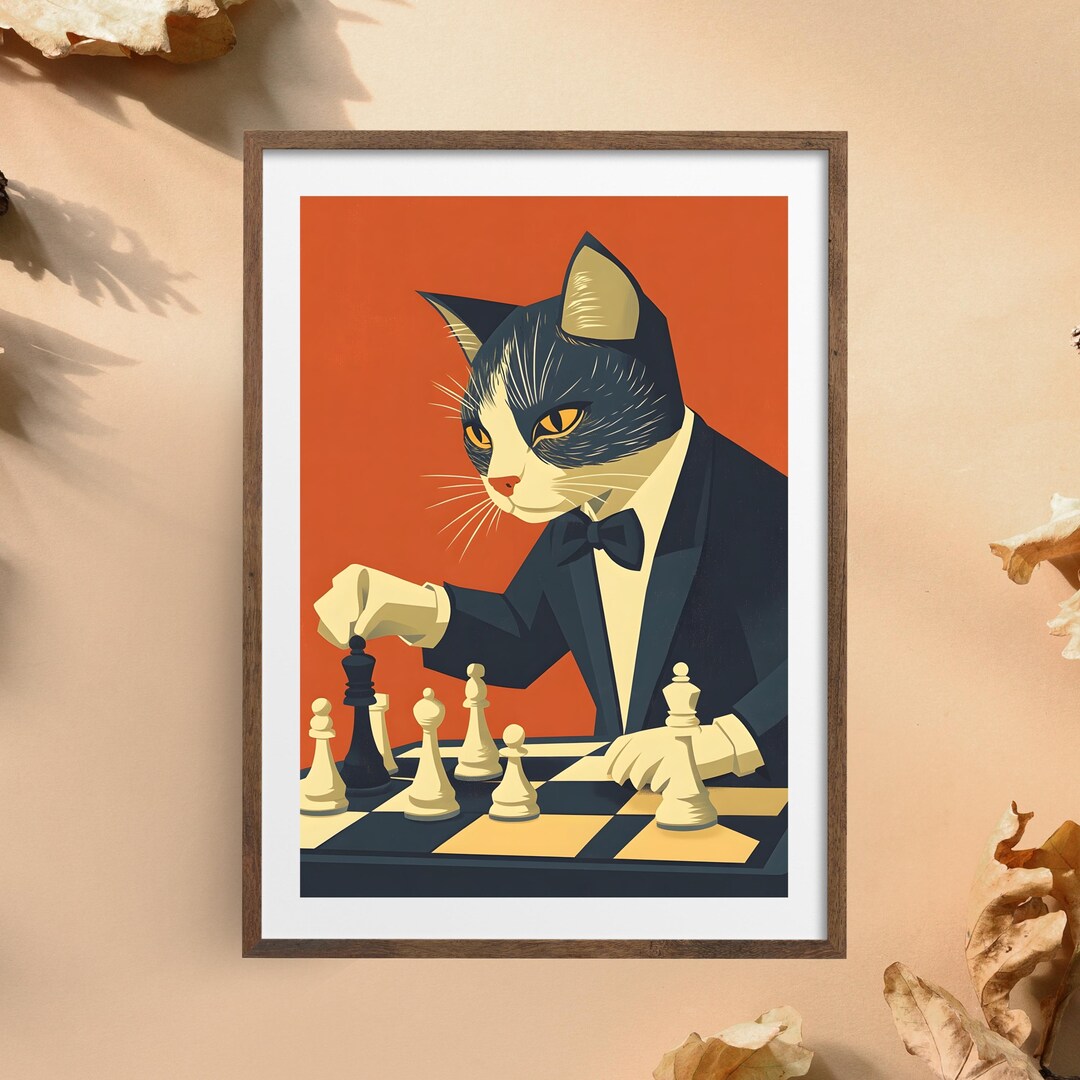 Sophisticated Cat Playing Chess Poster | Cat Chess Art | Elegant Cat ...