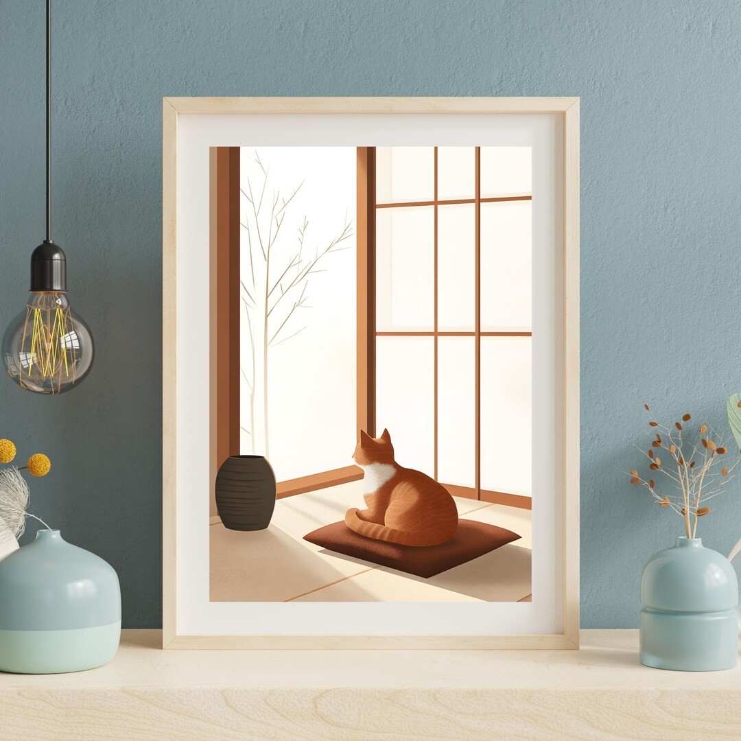 Japanese Zen Cat Poster | Japanese Cat Wall Art | Zen Cat Digital Print ...