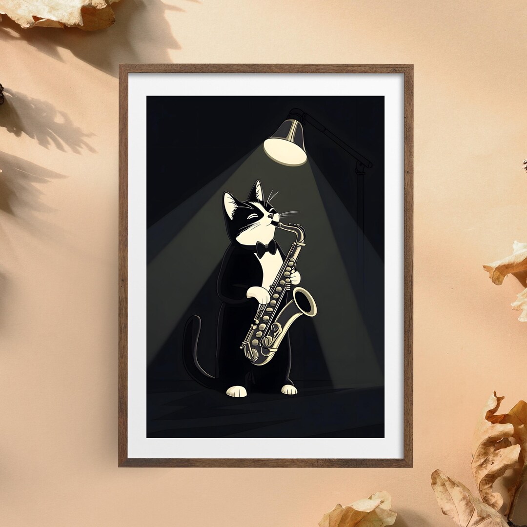 Jazz Cat Poster | Saxophone Cat Wall Art | Musician Cat Digital Print ...