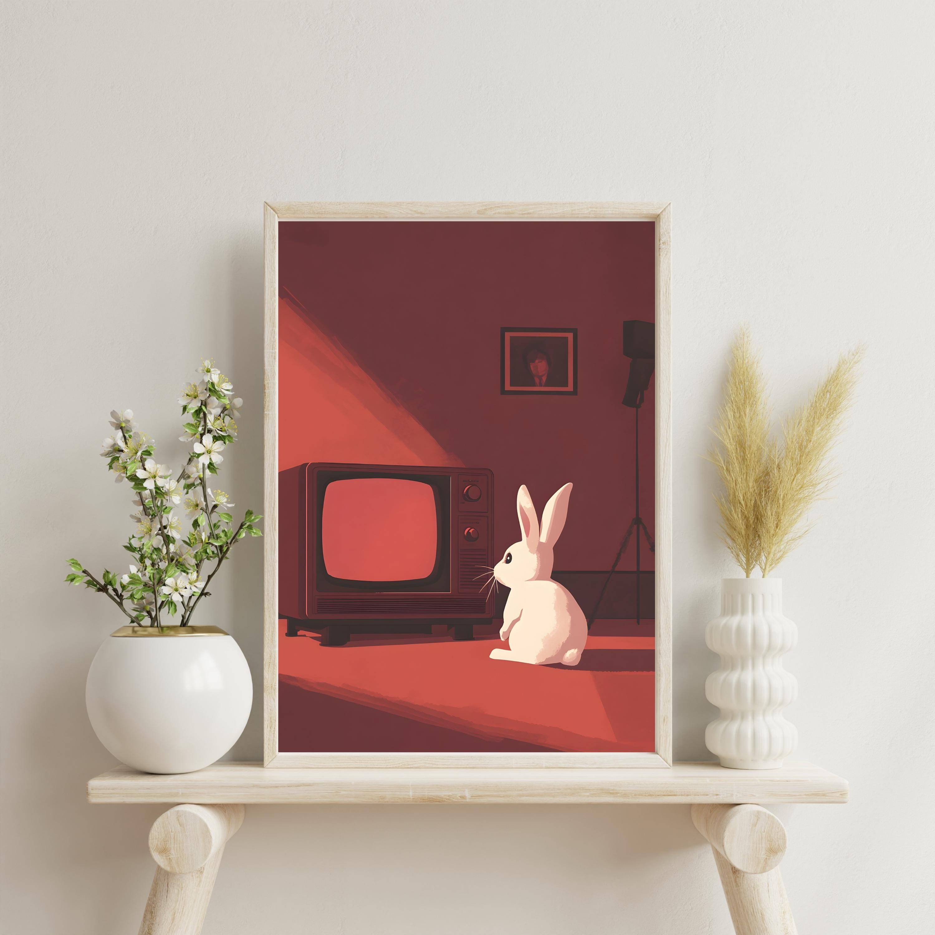 Retro Bunny Watching TV Poster | Vintage Rabbit Wall Art | Cute Bunny ...