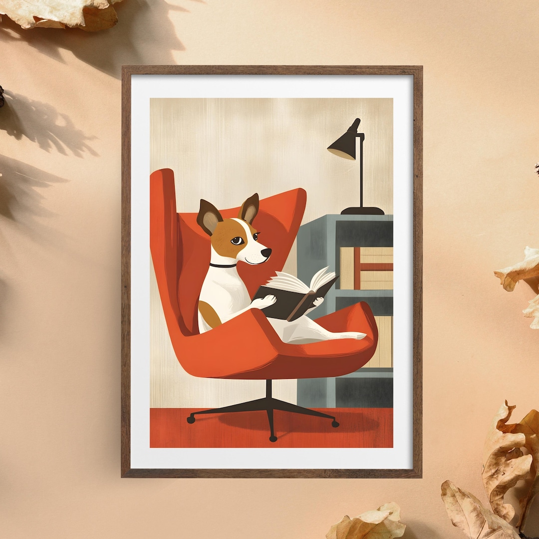 Cozy Reading Dog Poster | Cute Dog Wall Art | Mid-century Modern Animal ...