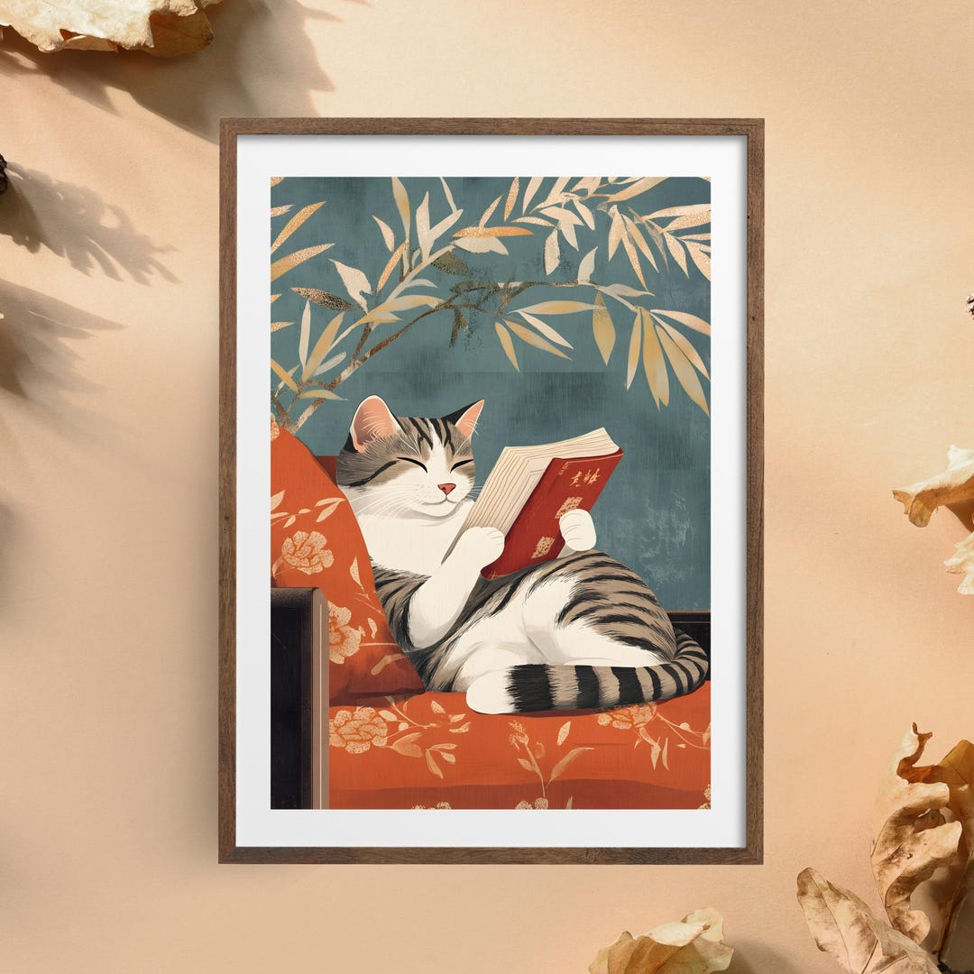 Cozy Cat Reading Poster | Cute Cat Wall Art | Relaxing Cat Illustration ...