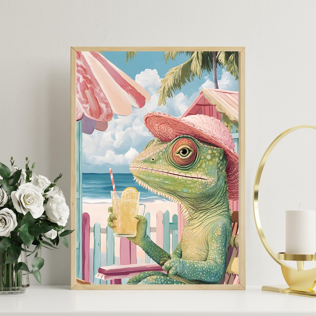 Tropical Chameleon Beach Art | Chameleon With Lemonade Poster | Summer ...