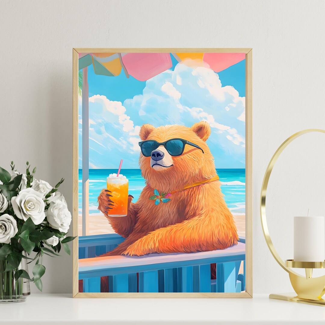 Cool Beach Bear Poster | Summer Bear Wall Art | Beach Vacation Bear ...