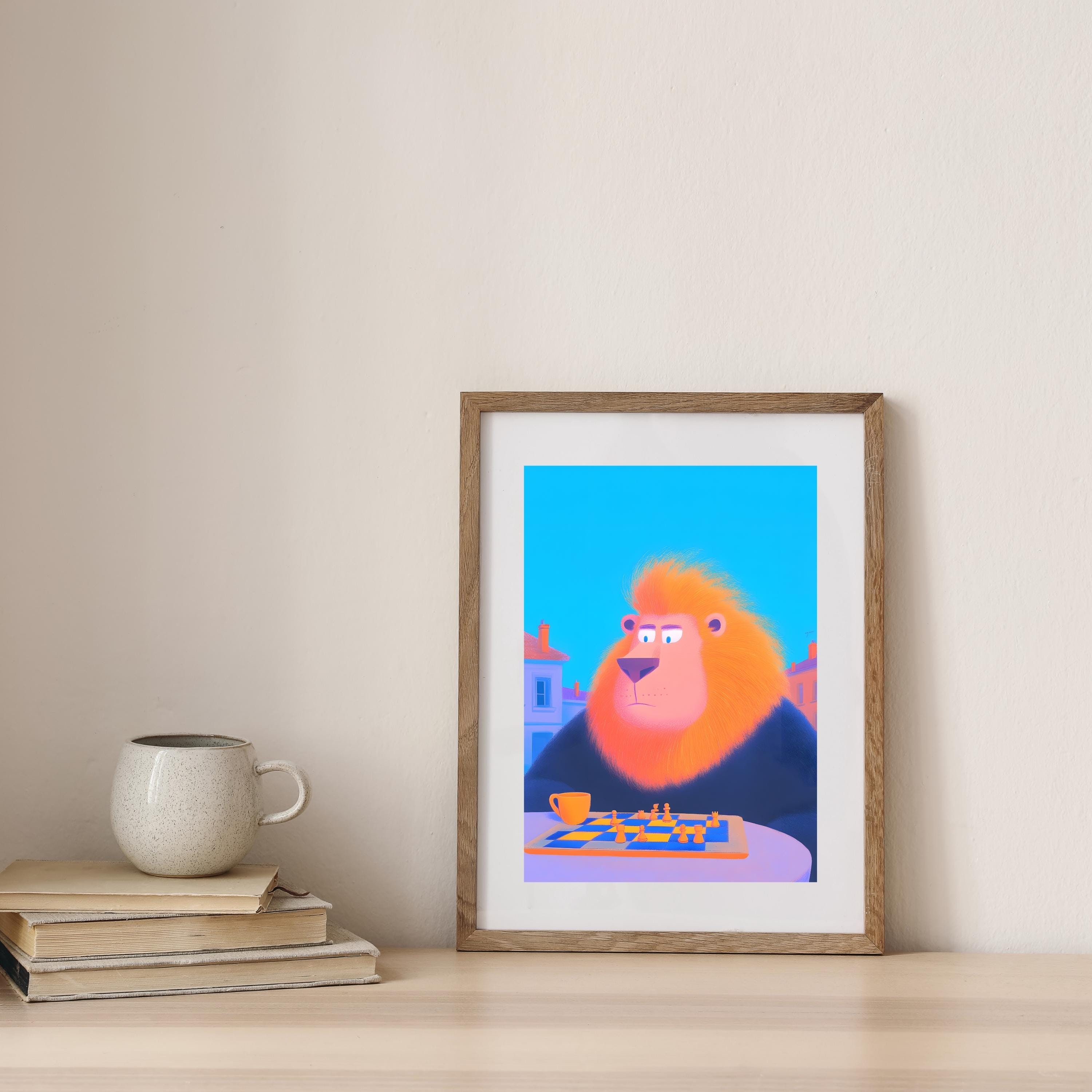 Funny Lion Playing Chess Poster | Cartoon Lion Chess Wall Art ...