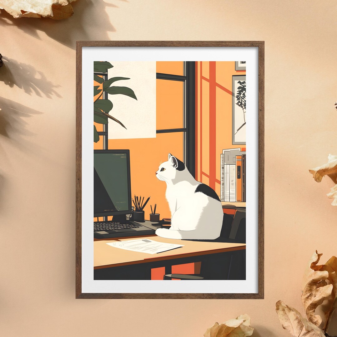 Cute Cat Office Decor | Digital Cat Wall Art | Minimalist Cat Poster ...