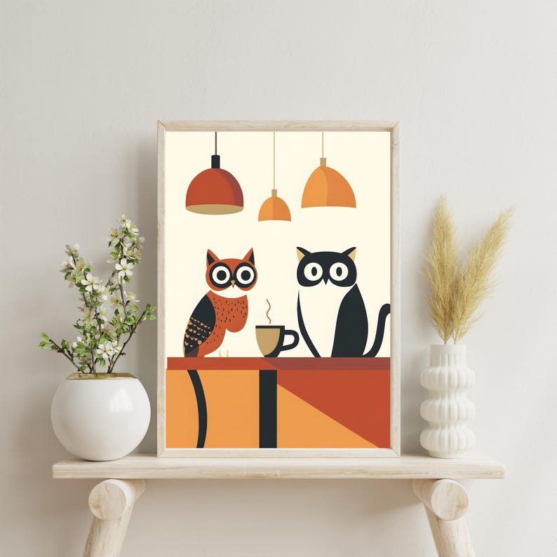 Retro Owl Cafe Art Print | Mid-century Modern Owl Wall Art | Cute Owl ...