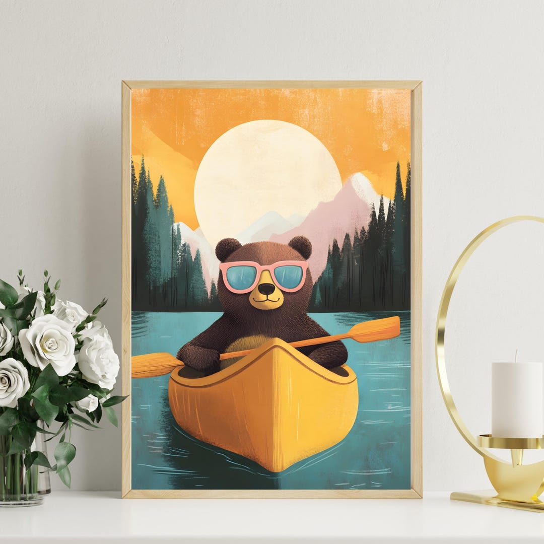 Cute Bear Canoeing Poster | Bear in Sunglasses Wall Art | Adorable Bear ...