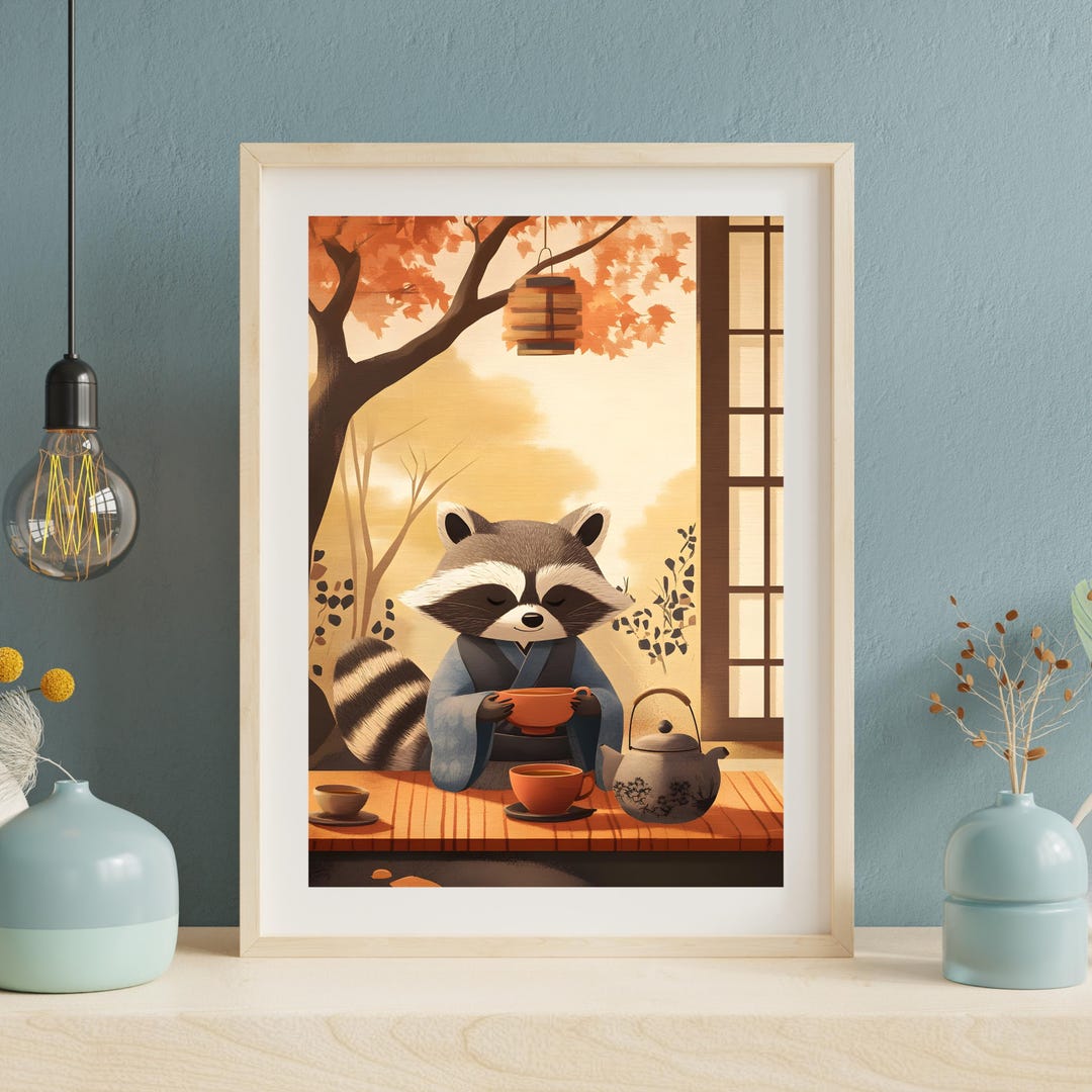 Japanese Tea Ceremony Raccoon Poster | Cute Raccoon Wall Art | Japanese ...