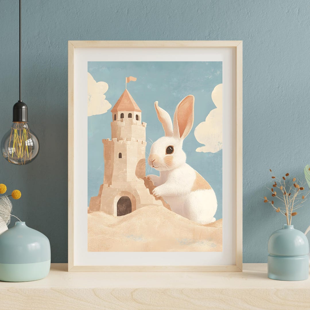 Cute Bunny Sandcastle Poster | Adorable Rabbit Wall Art | Bunny ...