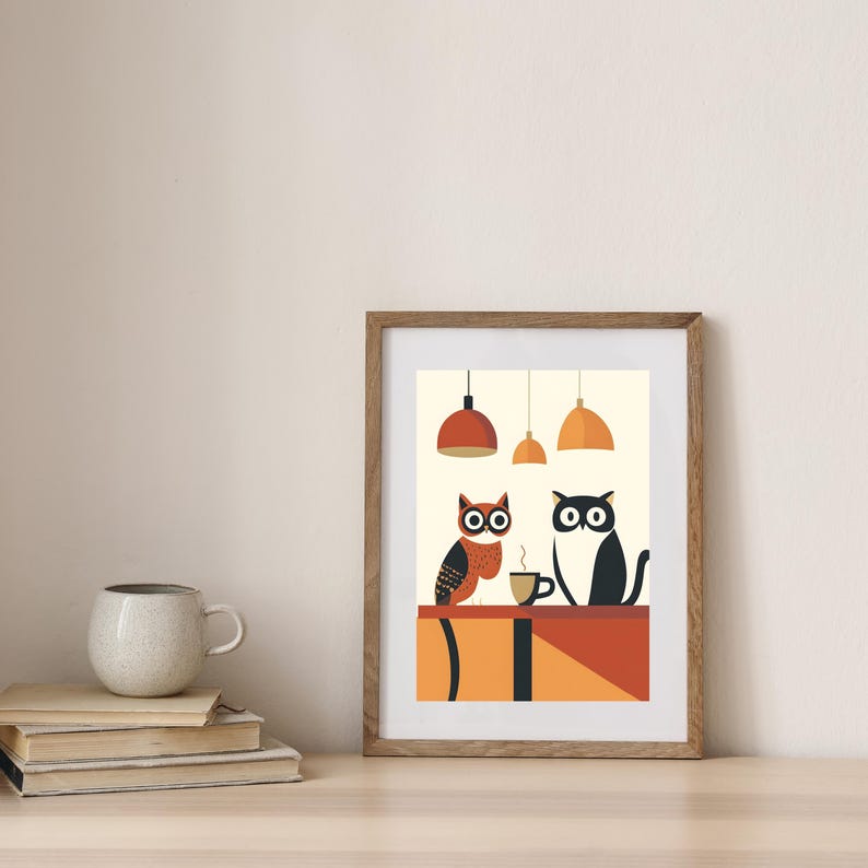 Retro Owl Cafe Art Print | Mid-century Modern Owl Wall Art | Cute Owl ...