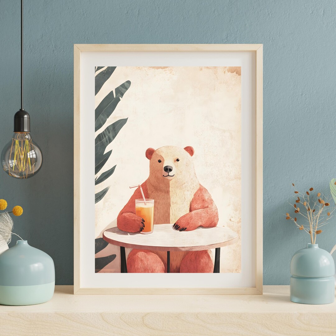Cute Bear Drinking Juice Poster | Adorable Bear Wall Art | Bear With ...