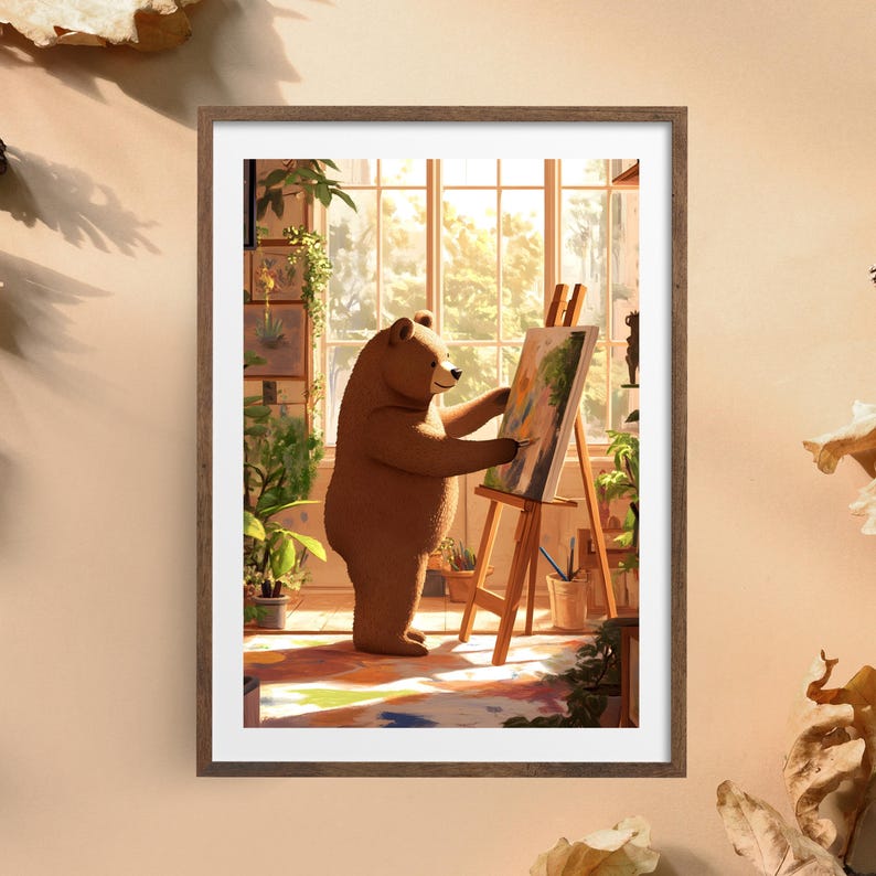 Whimsical Bear Painting Art Print | Cute Bear Artist Poster | Cozy Bear ...