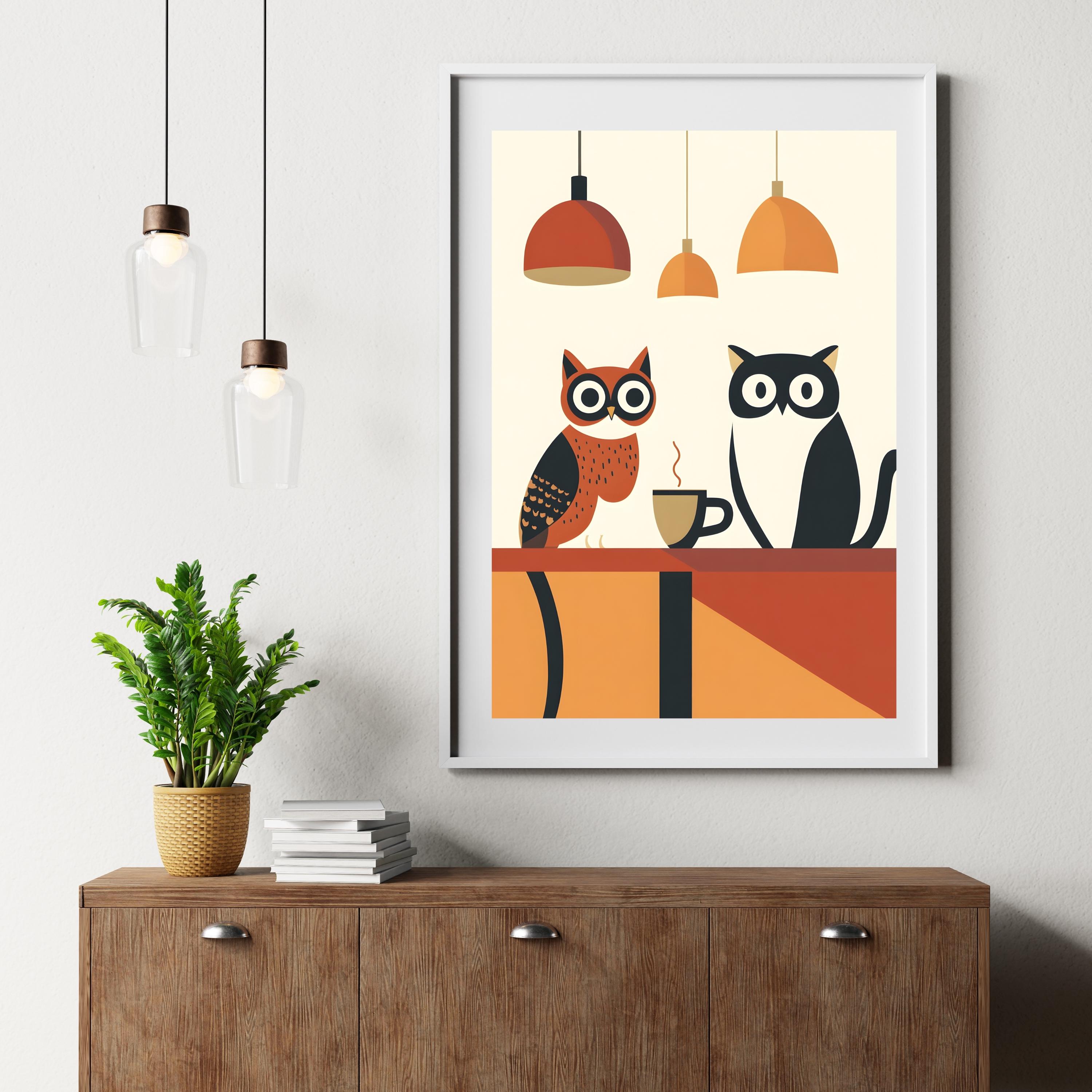 Retro Owl Cafe Art Print | Mid-century Modern Owl Wall Art | Cute Owl ...