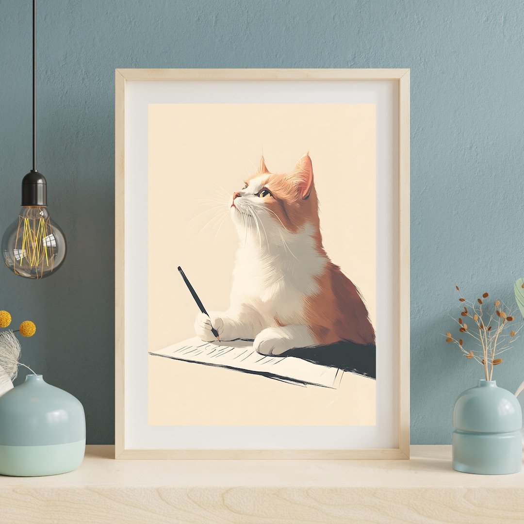 Cute Cat Writing Poster | Adorable Cat Wall Art | Cat With Pen ...