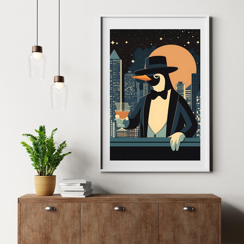 Classy Penguin Poster | Penguin in Suit Wall Art | Vintage Noir Penguin ...