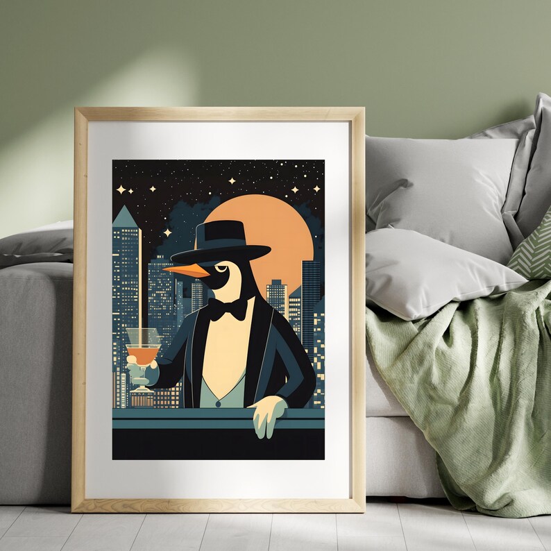 Classy Penguin Poster | Penguin in Suit Wall Art | Vintage Noir Penguin ...