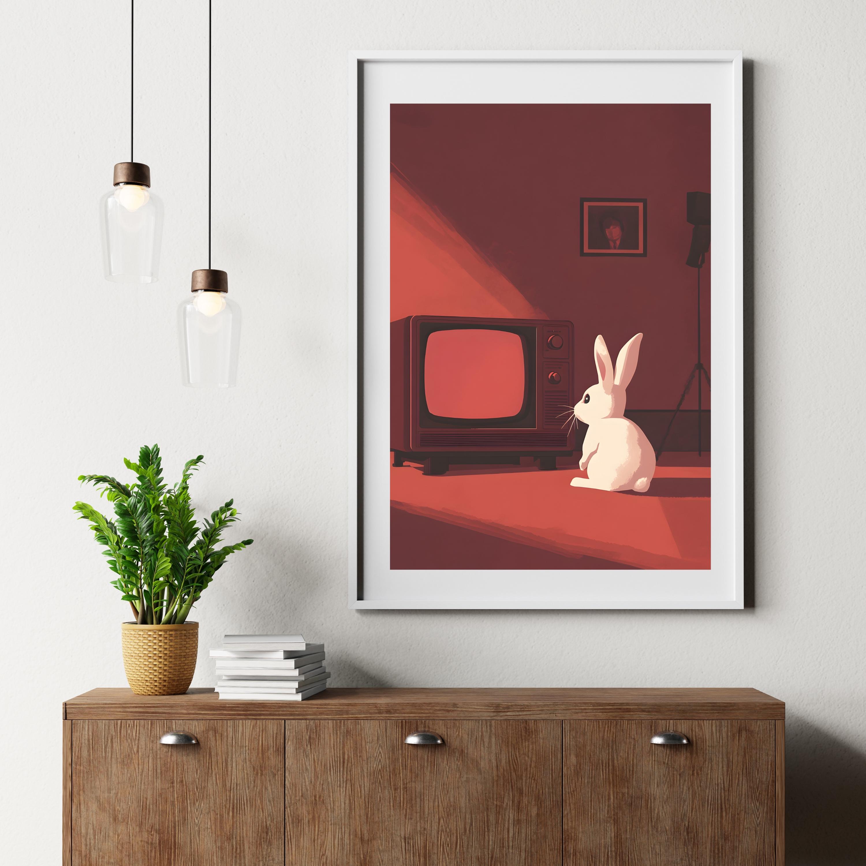 Retro Bunny Watching TV Poster | Vintage Rabbit Wall Art | Cute Bunny ...
