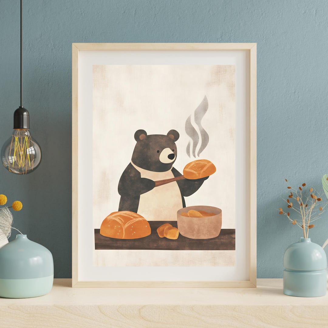 Cute Bear Baking Bread Poster | Adorable Bear Chef Wall Art | Whimsical ...