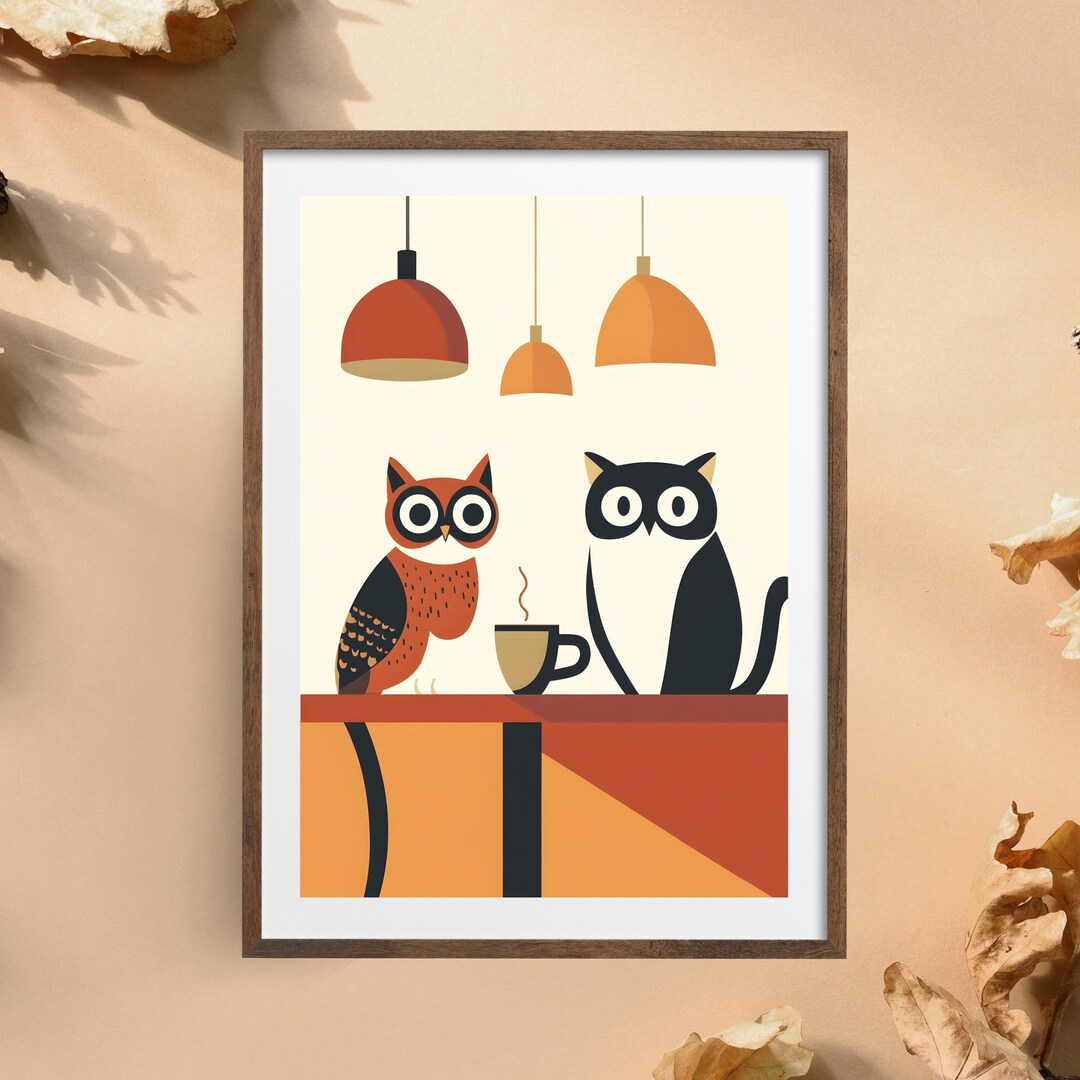 Retro Owl Cafe Art Print | Mid-century Modern Owl Wall Art | Cute Owl ...