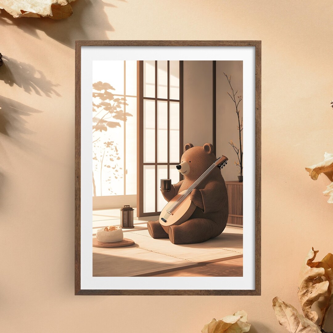 Cozy Bear Playing Lute Poster | Japanese-inspired Bear Wall Art | Cute ...
