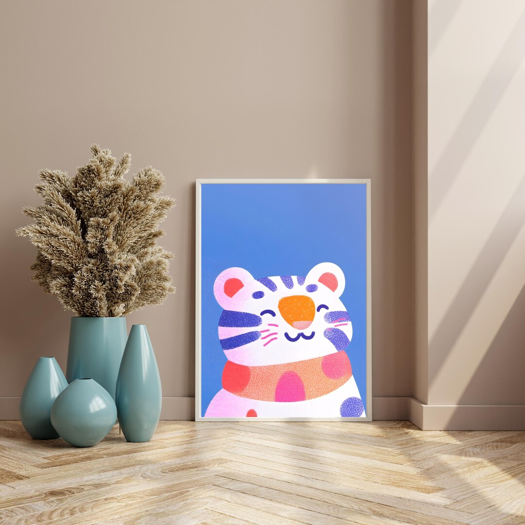 Whimsical Tiger Scarf Poster | Playful Tiger Wall Art | Vibrant Animal ...