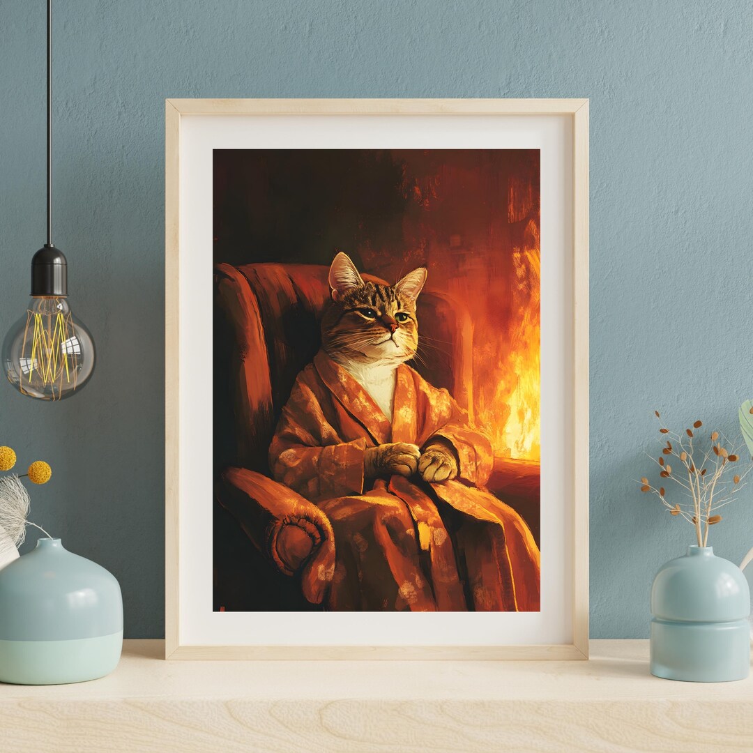 Regal Cat in Robe Poster | Cozy Cat Wall Art | Cat by the Fireplace ...