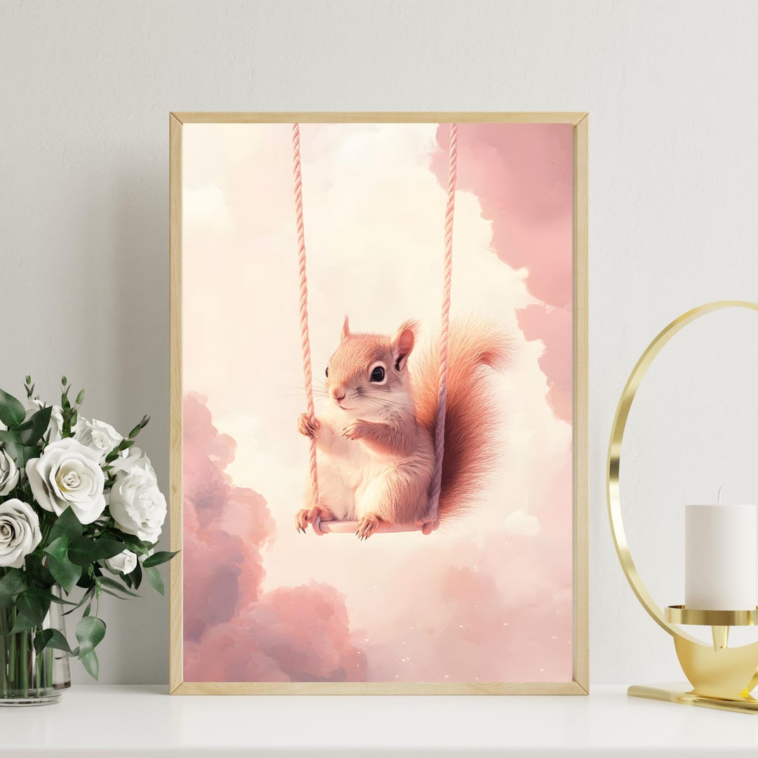 Whimsical Squirrel Swing Art | Cute Squirrel Wall Art | Fantasy Animal ...