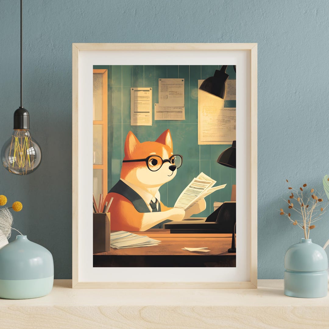 Cute Shiba Inu Office Worker Poster | Shiba Inu Reading Documents Wall ...