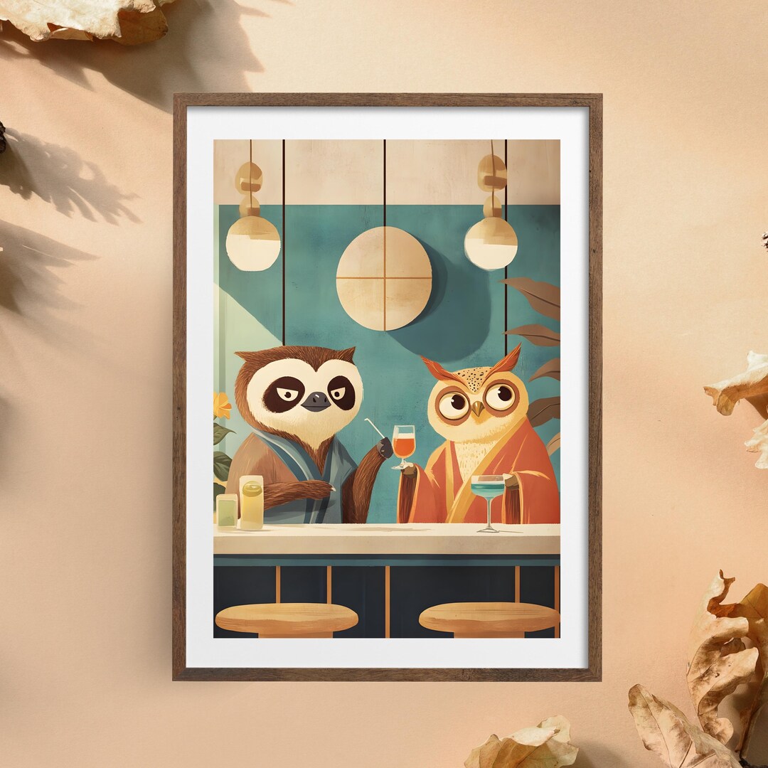 Japanese Owl and Sloth Bar Scene | Cute Animal Wall Art | Japanese ...