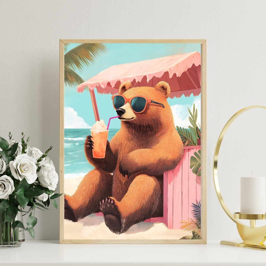 Relaxing Beach Bear Poster | Cute Bear Wall Art | Summer Beach Animal ...