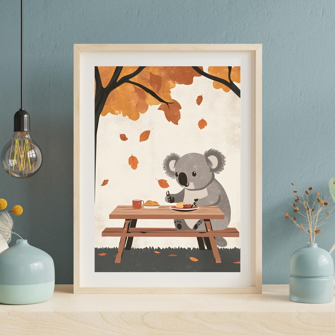 Cute Koala Picnic Poster | Autumn Koala Wall Art | Adorable Koala ...