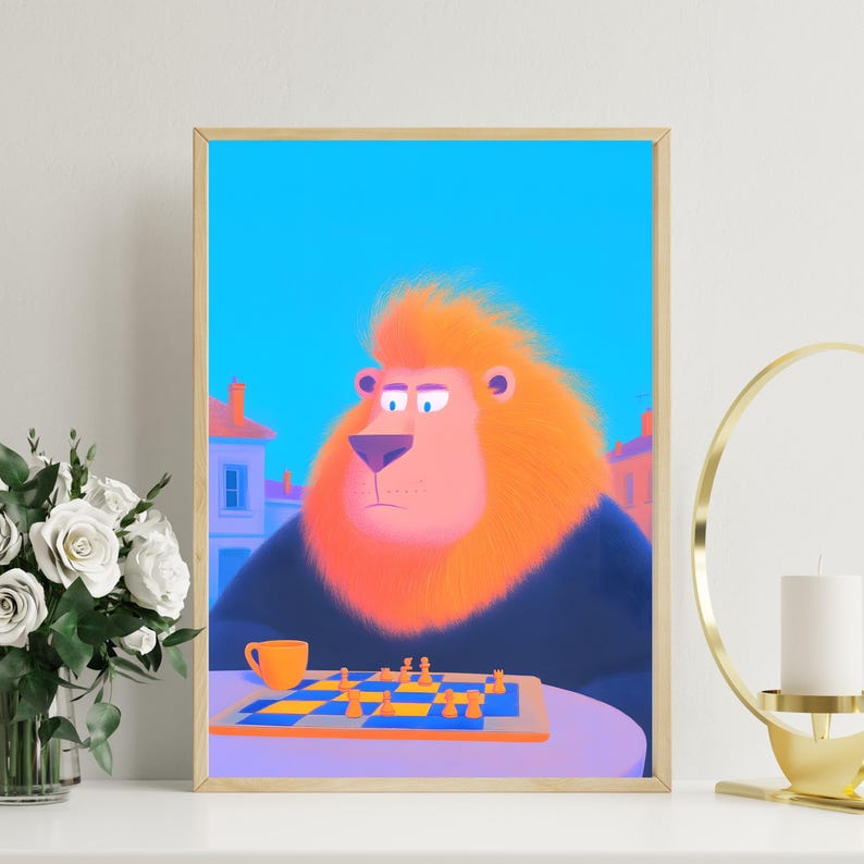 Funny Lion Playing Chess Poster | Cartoon Lion Chess Wall Art ...