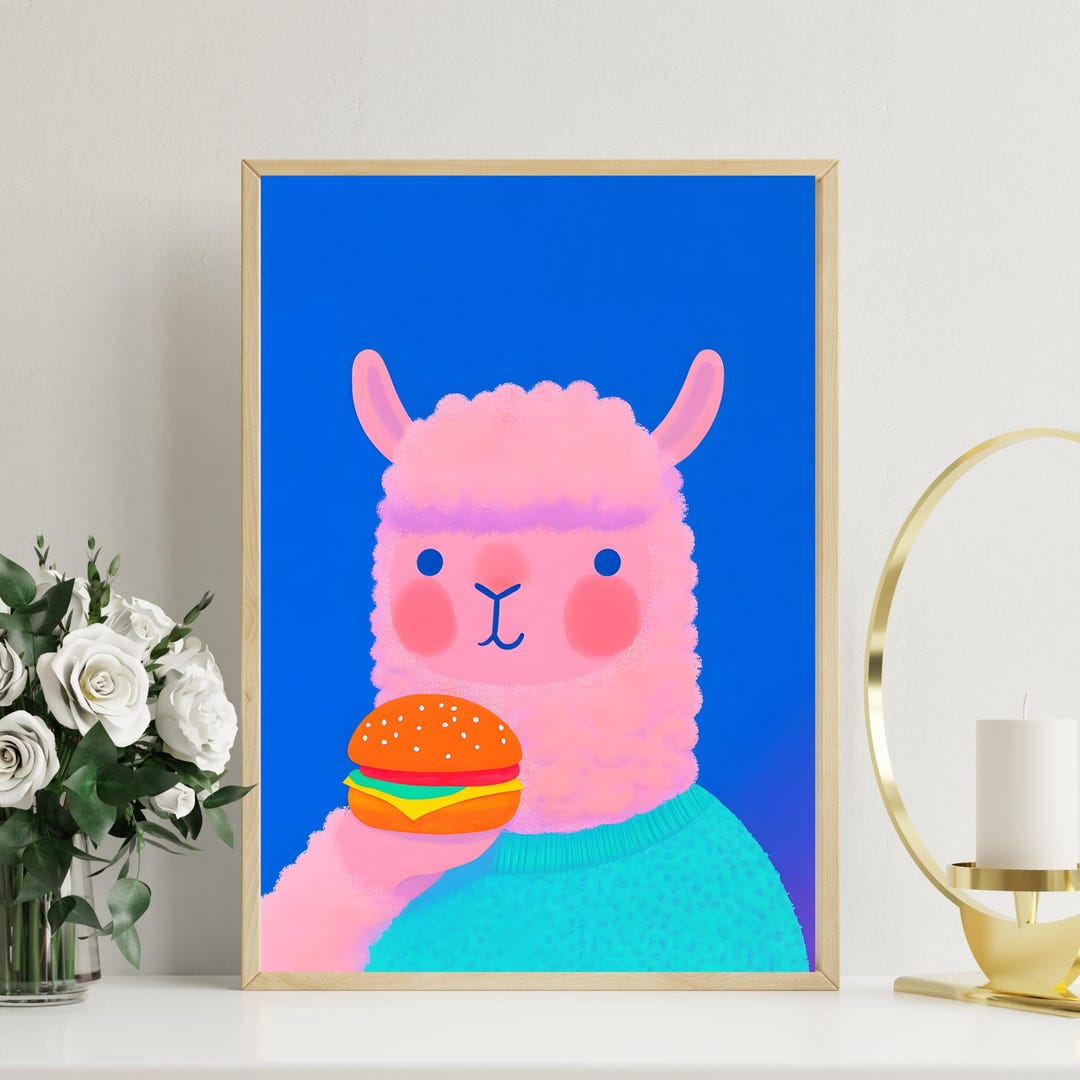 Cute Alpaca With Burger Poster | Adorable Alpaca Wall Art | Fun Alpaca ...