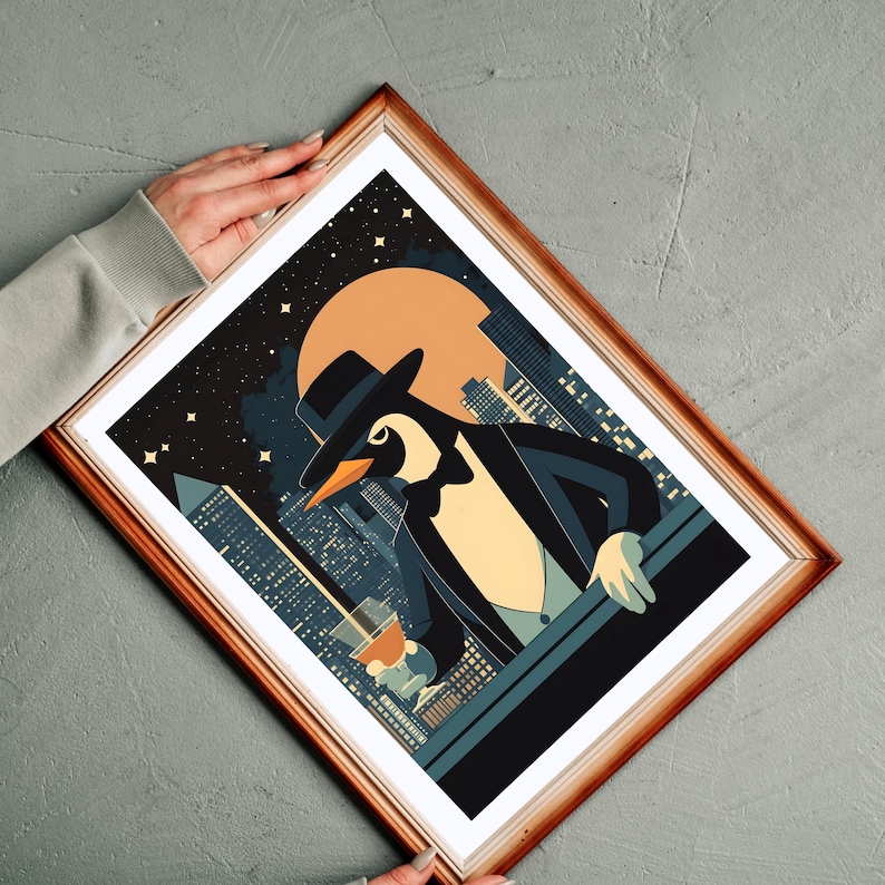 Classy Penguin Poster | Penguin in Suit Wall Art | Vintage Noir Penguin ...