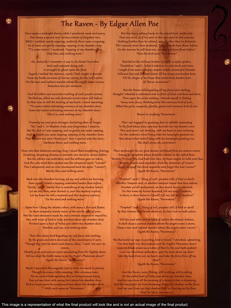 Edgar Allan Poe ‘the Raven’, Entire Poem Laser Engraved on Wood Plaque ...