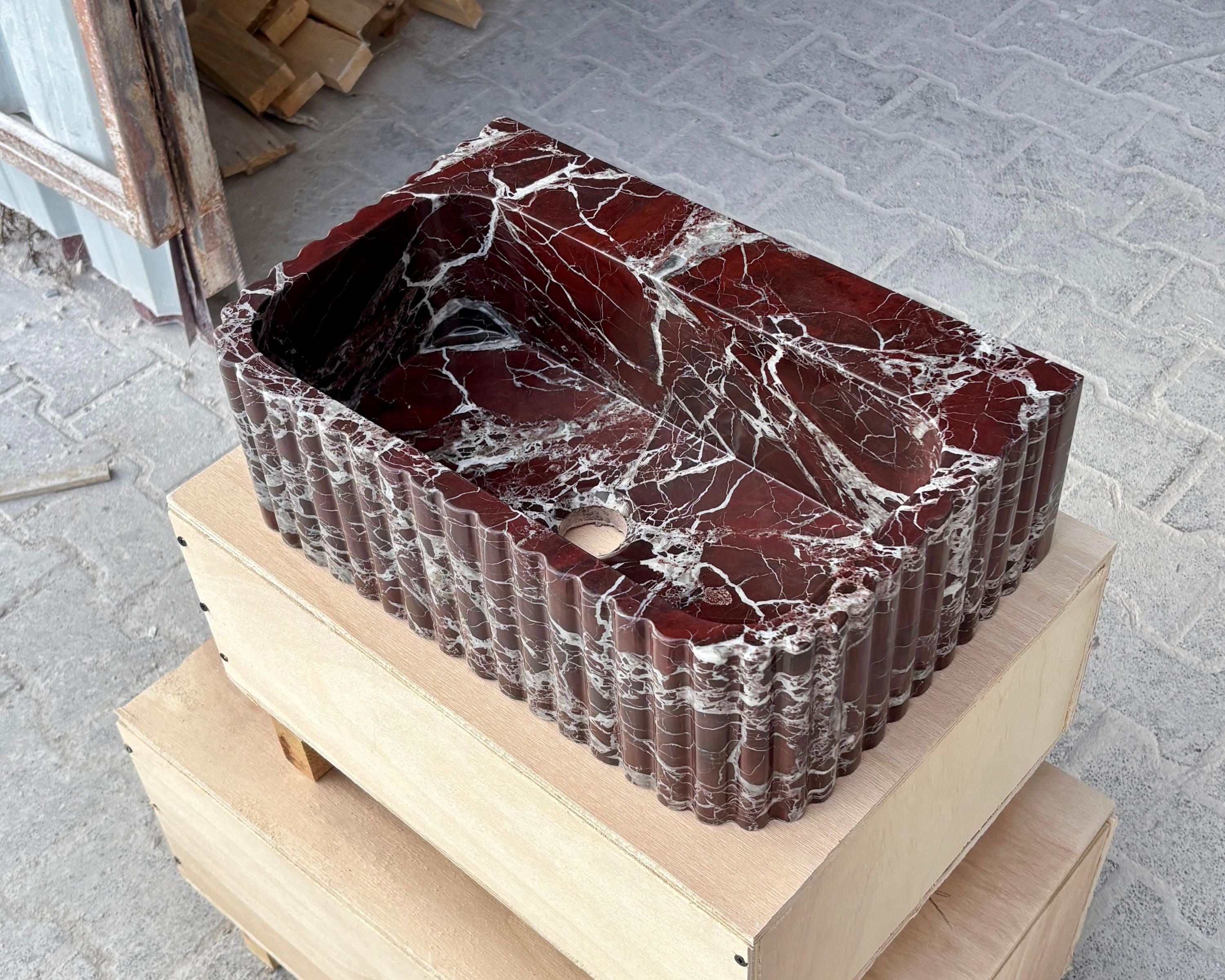 Rosso Levanto Marble Vessel Sink – Handcrafted Fluted Stone Sink ...