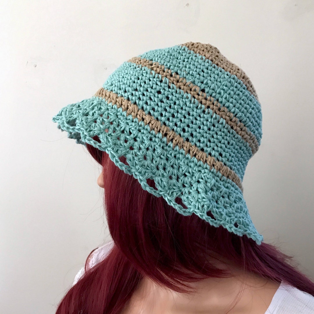 Seafoam Stripe Linen Sunhat: Crocheted Beach Bucket Hat - Etsy