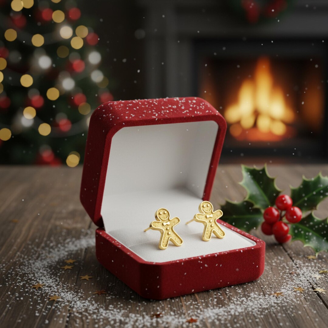 Gingerbread Man Stud Earrings, Gold Christmas Earrings, Cute Holiday ...