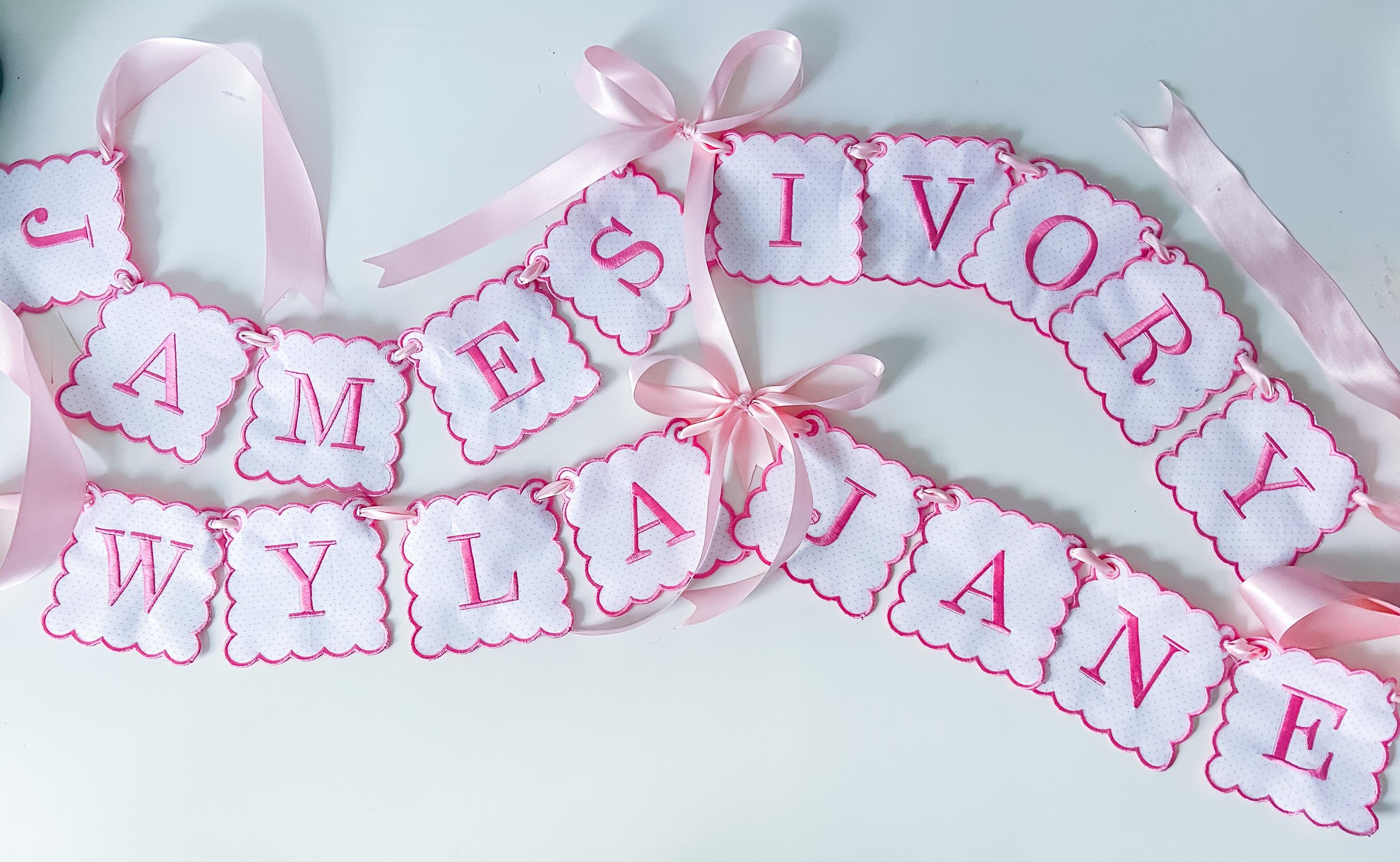Custom Baby Name Banner, Scallopped Bow Name Banner, Embroidered Baby ...