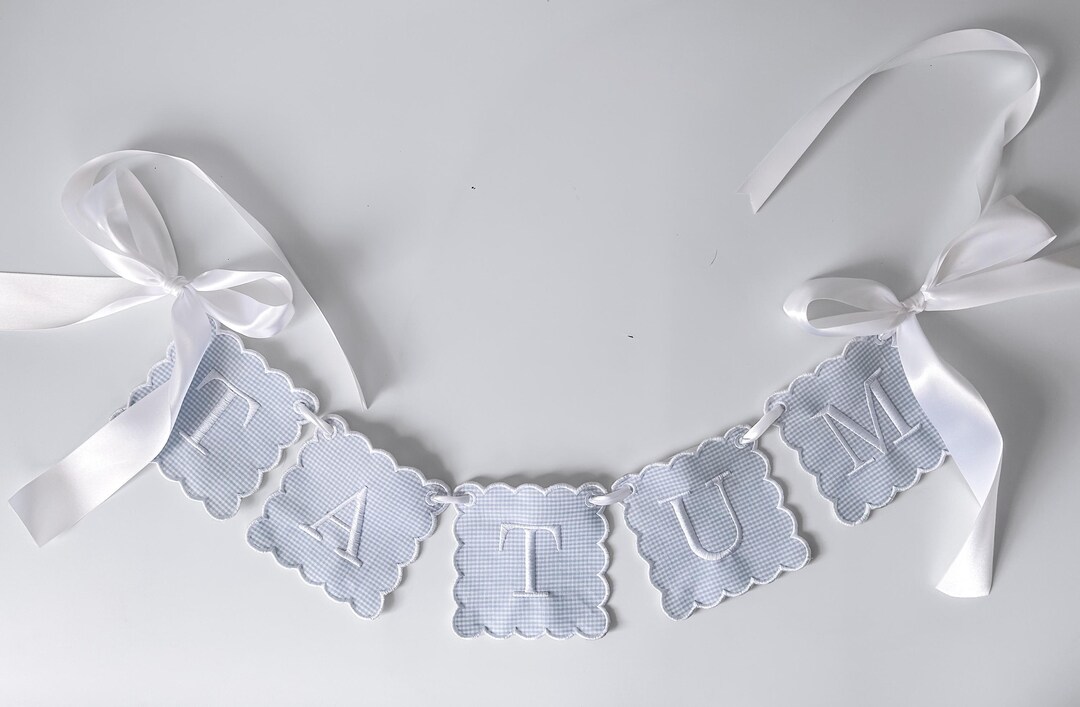 Custom Baby Name Banner, Scallopped Bow Name Banner, Embroidered Baby ...