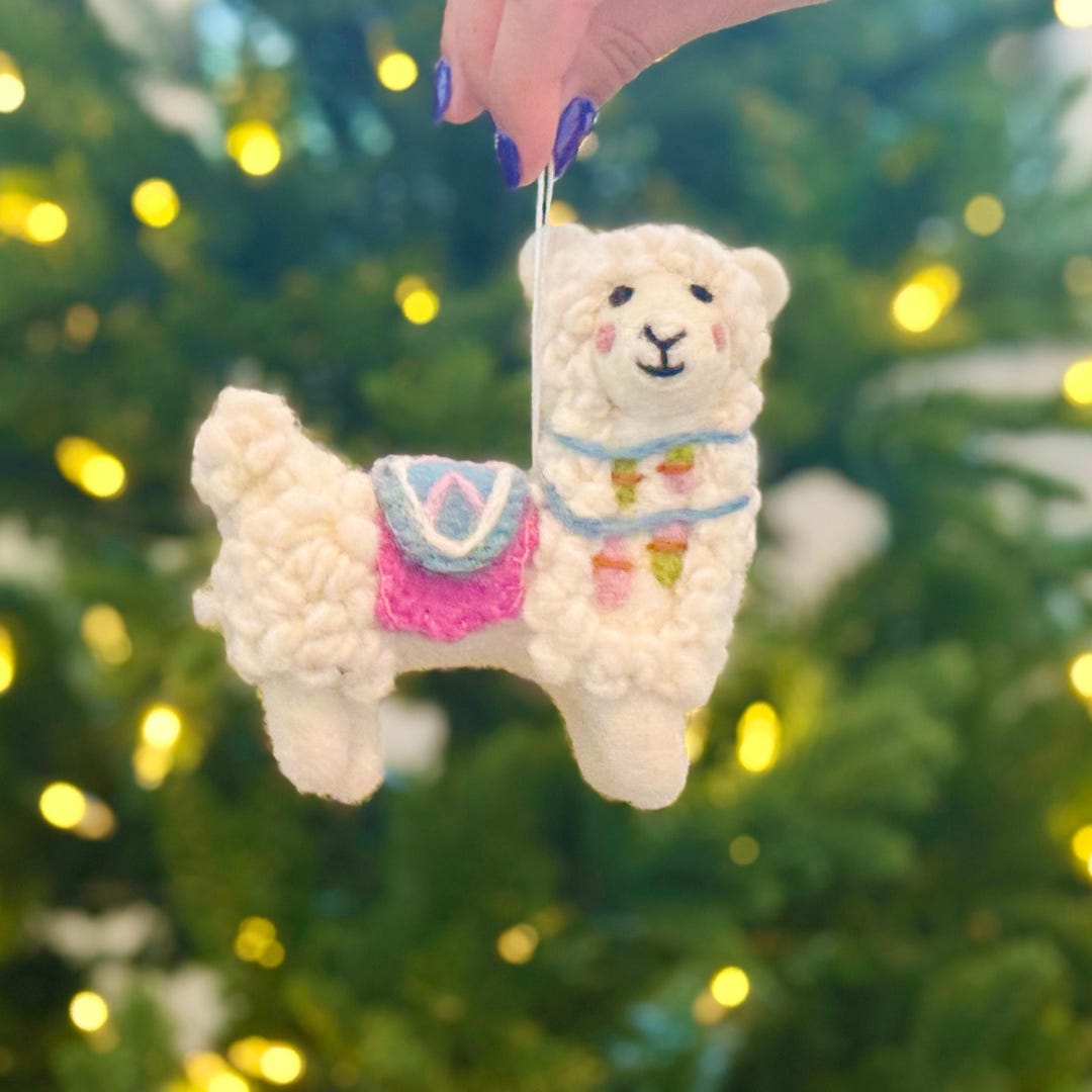 Handmade Wool Felt Llama Christmas Ornament – White Llama With Pink ...