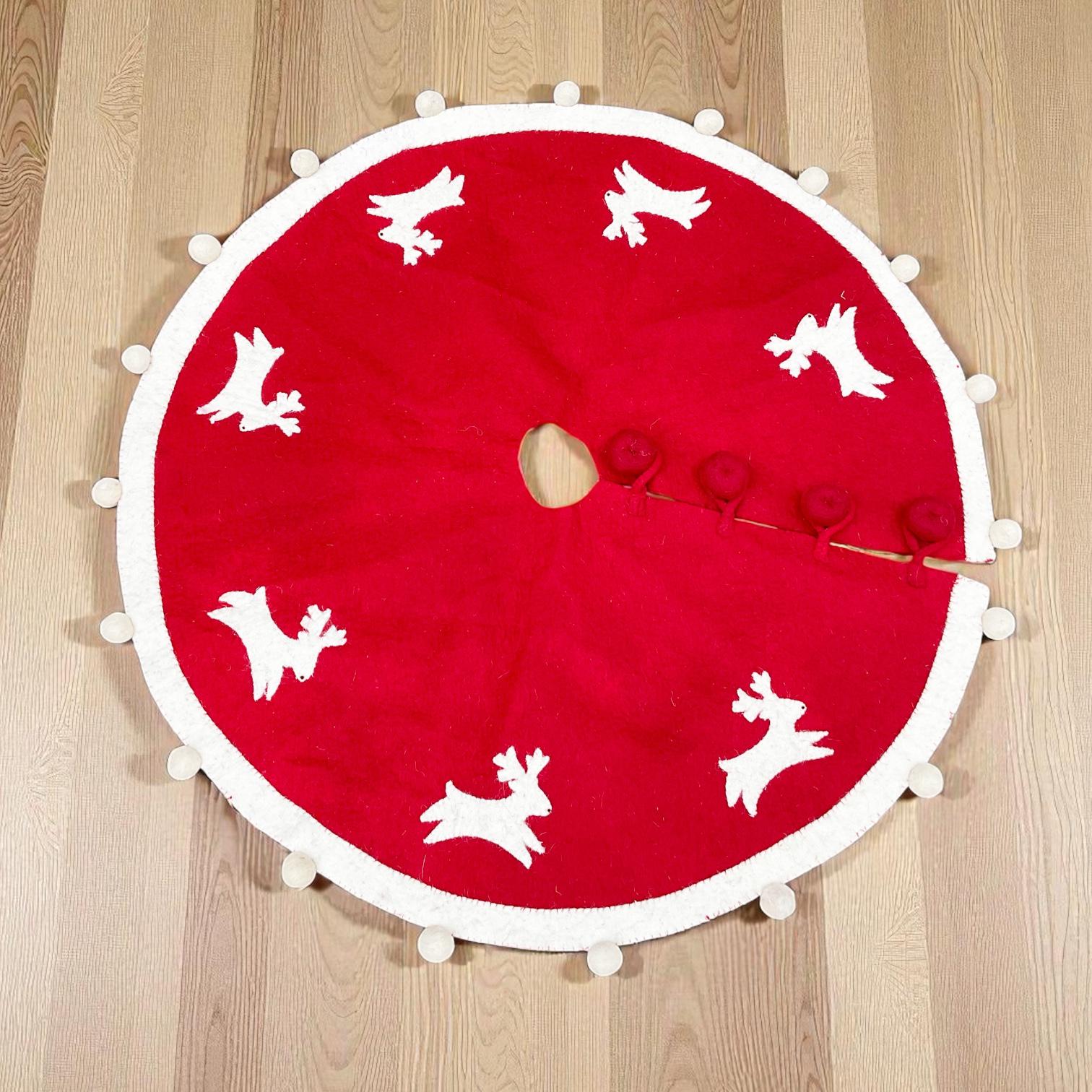 Classic Red Christmas Tree Skirt With White Reindeer and Felt Pom Balls ...