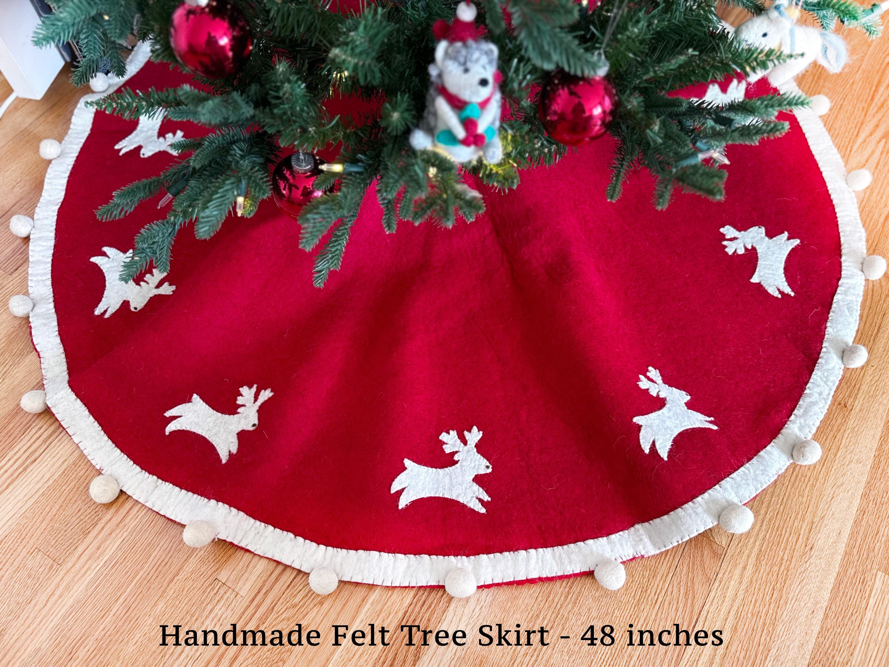 Classic Red Christmas Tree Skirt With White Reindeer and Felt Pom Balls ...