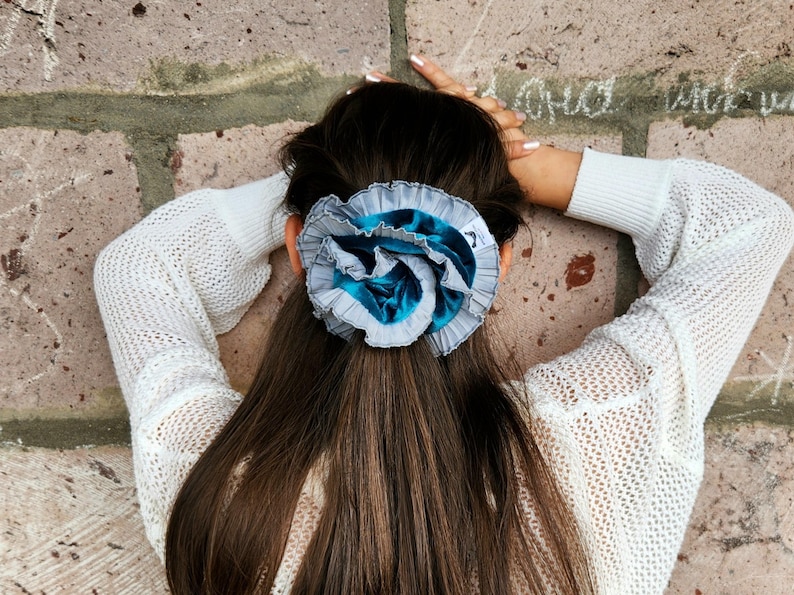Eco-friendly Dusty Blue Velvet Pleated XXL Scrunchie, Feminine Upcycled ...