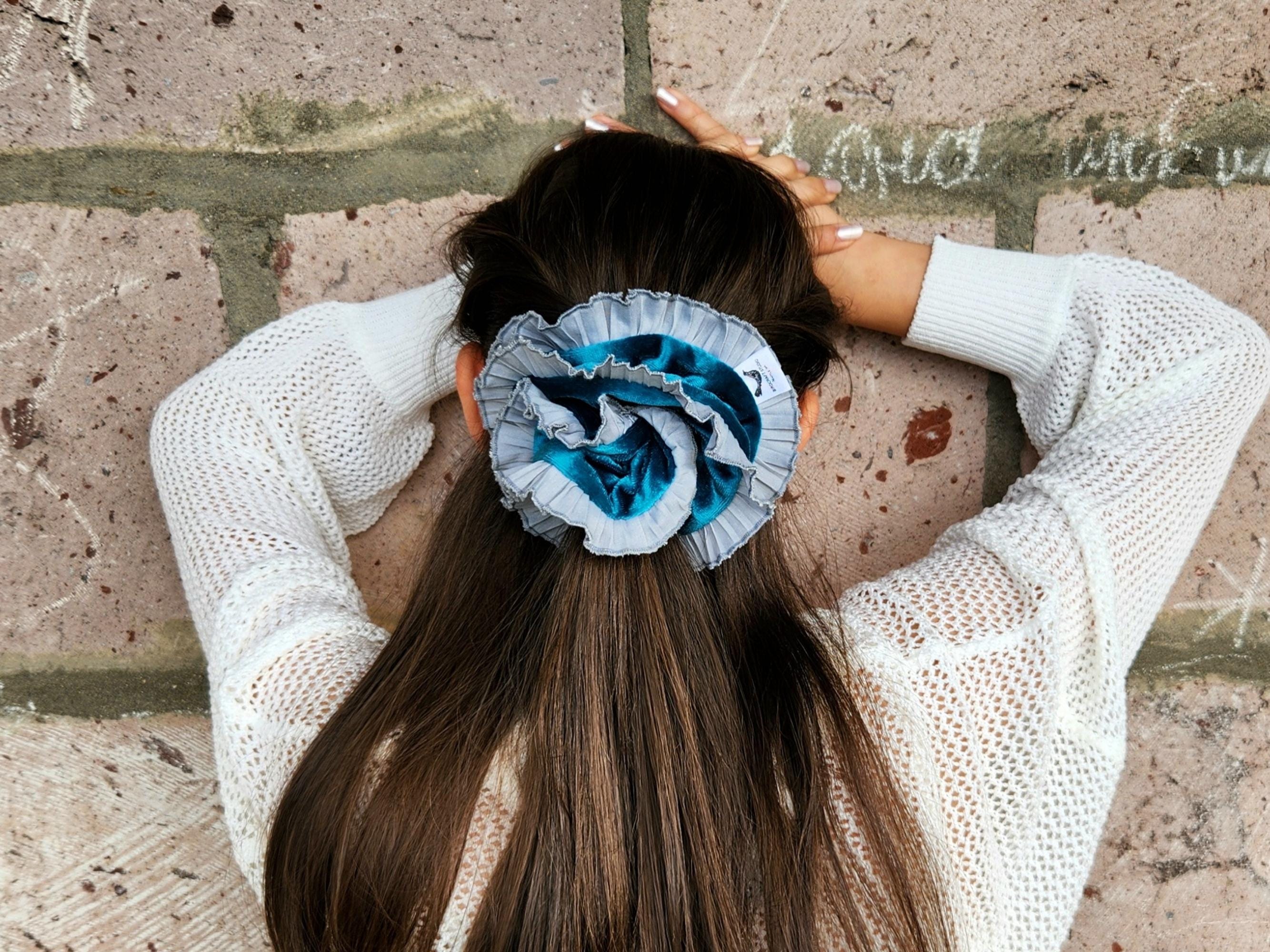 Eco-friendly Dusty Blue Velvet Pleated XXL Scrunchie, Feminine Upcycled ...