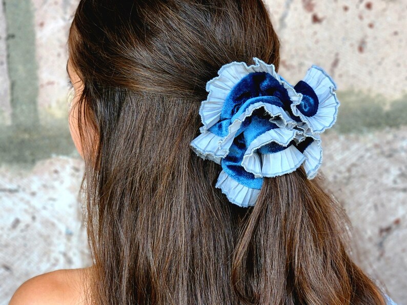 Eco-friendly Dusty Blue Velvet Pleated XXL Scrunchie, Feminine Upcycled ...