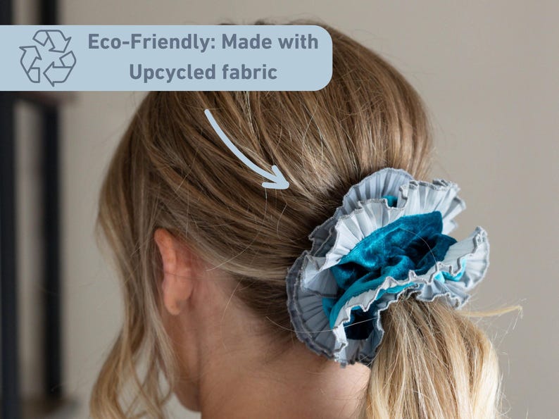 Eco-friendly Dusty Blue Velvet Pleated XXL Scrunchie, Feminine Upcycled ...