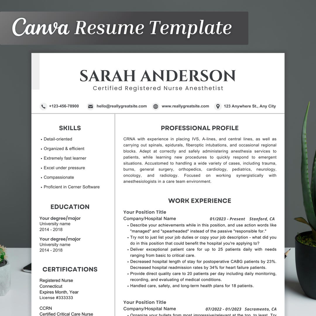 Crna Resume Template, Canva Resume Template, Rn Resume Template, New ...
